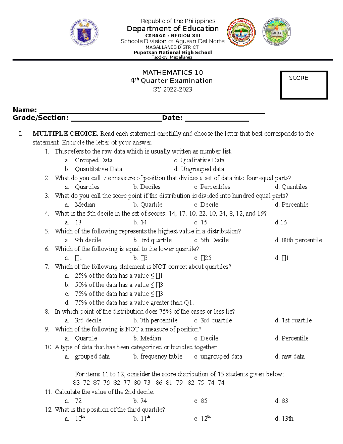 4th Periodic Test - Math 10 - Copy - Republic of the Philippines ...
