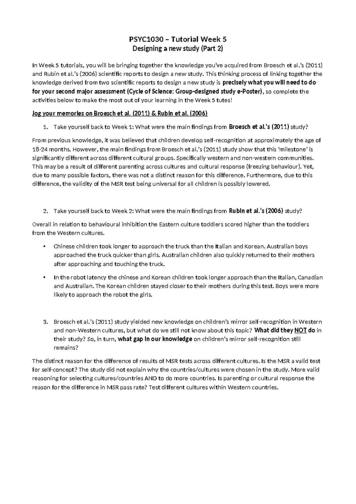 Week 5 - Tute prep activity - PSYC1030 – Tutorial Week 5 Designing a new study (Part 2) In Week ...