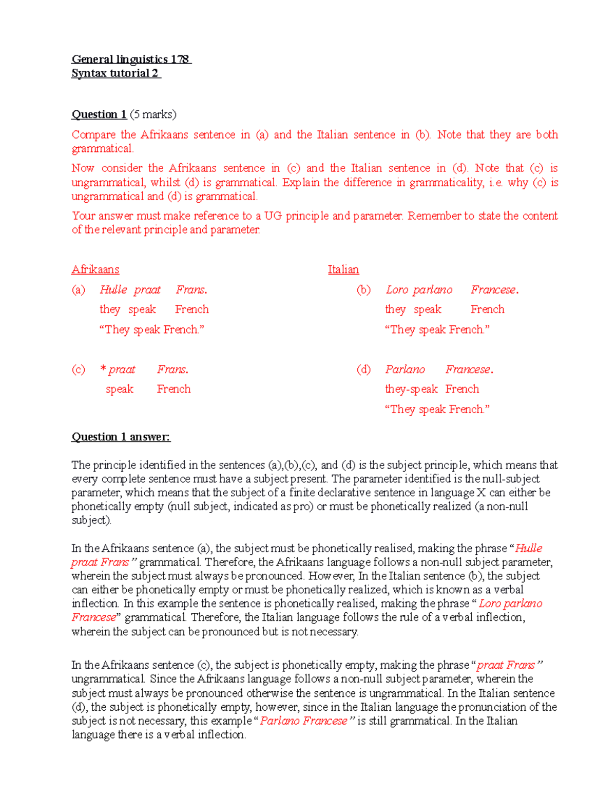 Syntax - tutorial - General linguistics 178 Syntax tutorial 2 Question 1 (5 marks) Compare the ...