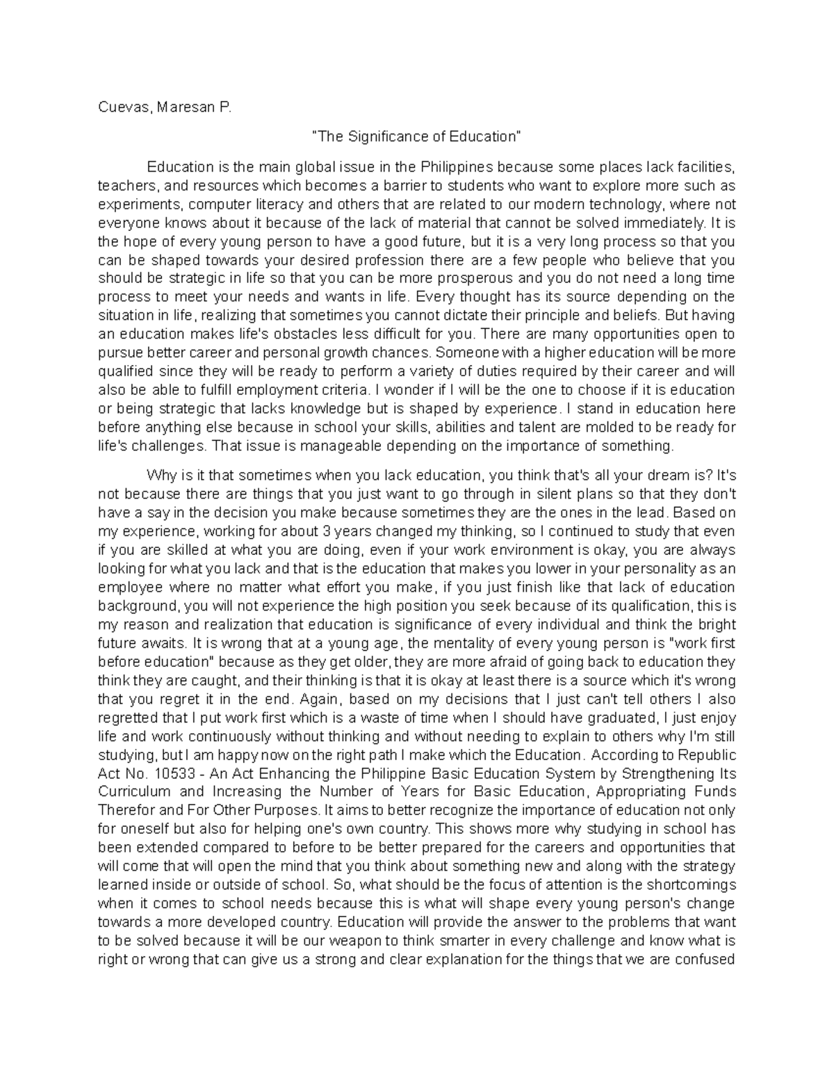 Final Position Paper - education - Cuevas, Maresan P. “The Significance ...