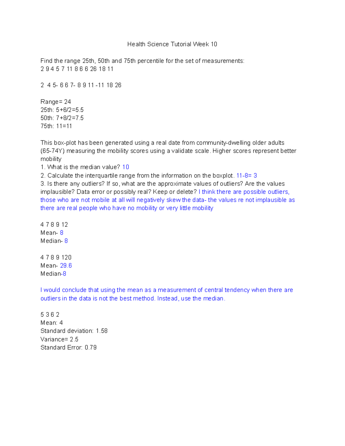 Health Science Tutorial Week 10 - 50th: 7+8/2=7. 75th: 11= This box ...