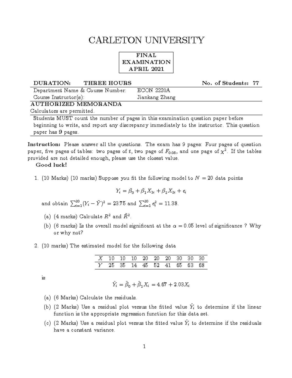 Sampe of Final Exam - CARLETON UNIVERSITY FINAL EXAMINATION APRIL 2021 ...