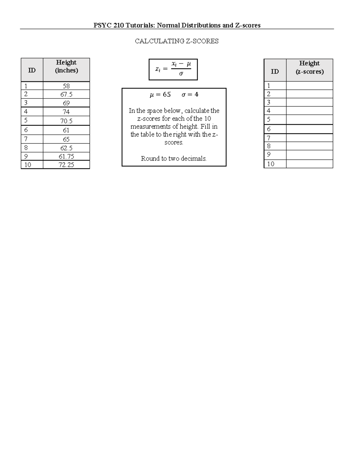 tut questions psyc - PSYC 210 Tutorials: Normal Distributions and Z ...