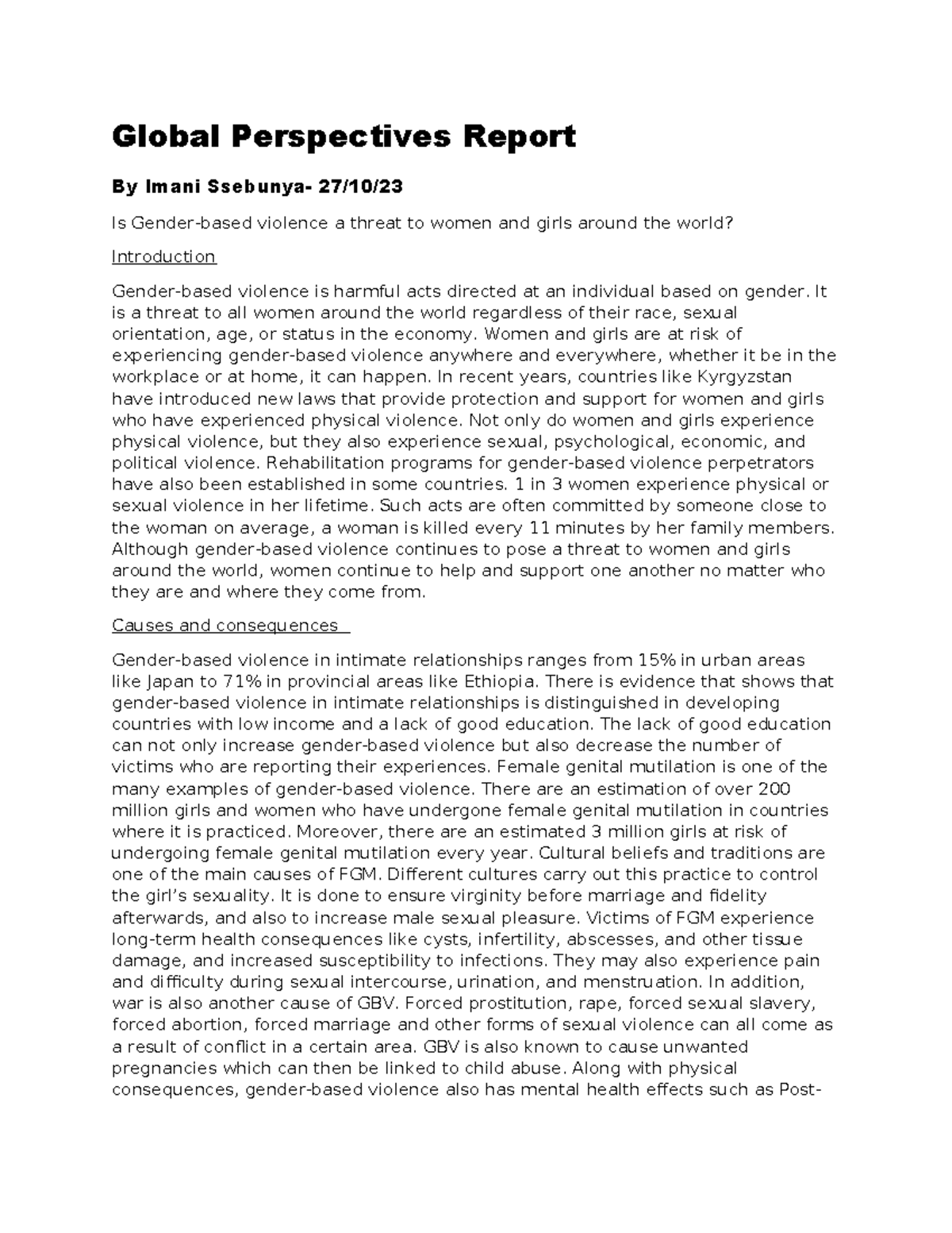 Global Perspectives Report - It is a threat to all women around the ...