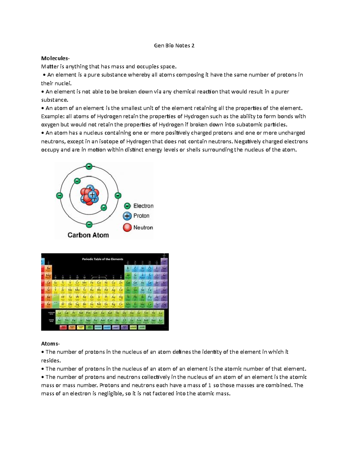 Gen Bio Notes 2 - non-majors - Gen Bio Notes 2 Molecules- Matter is ...