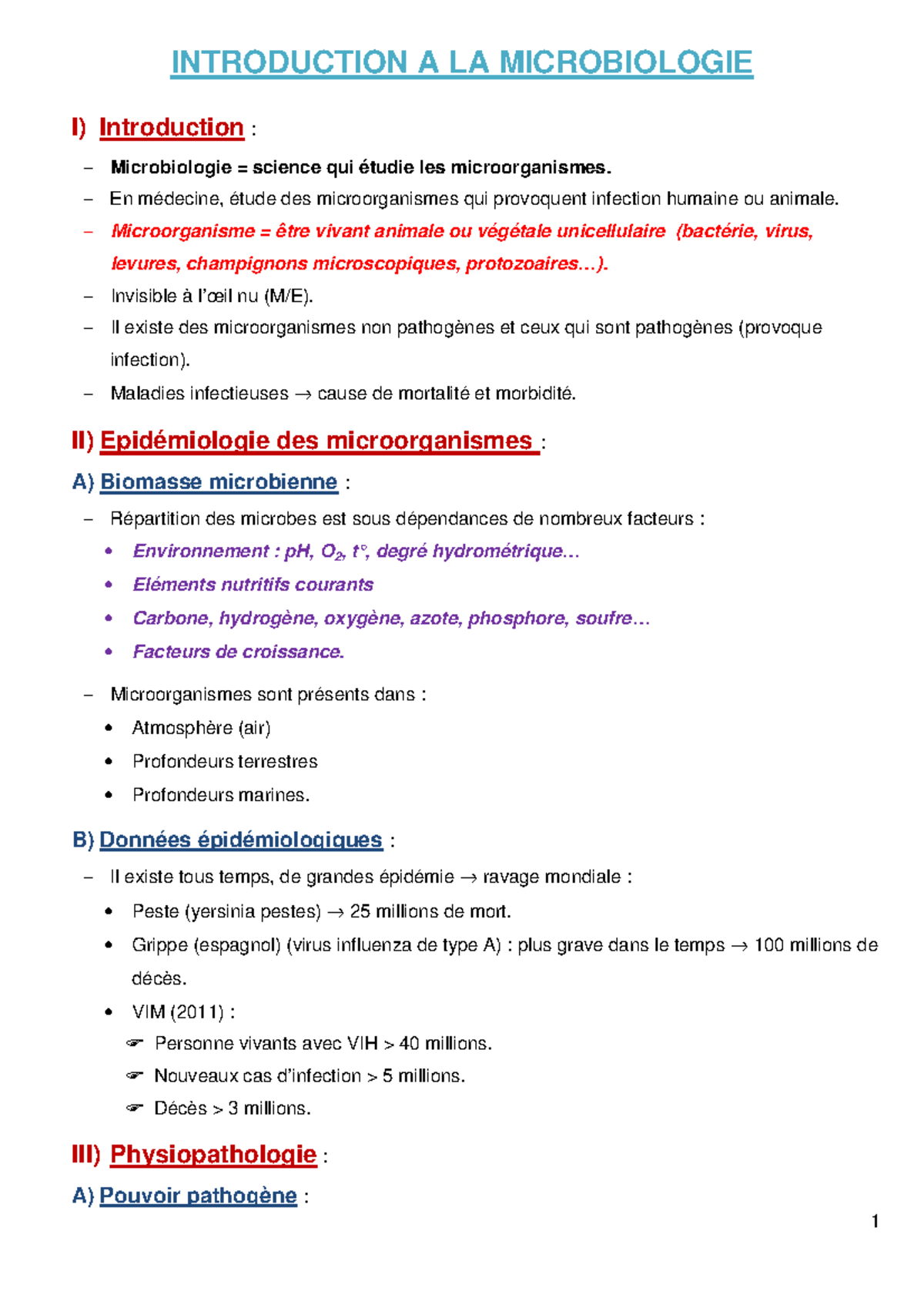 Microbiologie - INTRODUCTION A LA MICROBIOLOGIE I) Introduction : Microbiologie = science qui ...