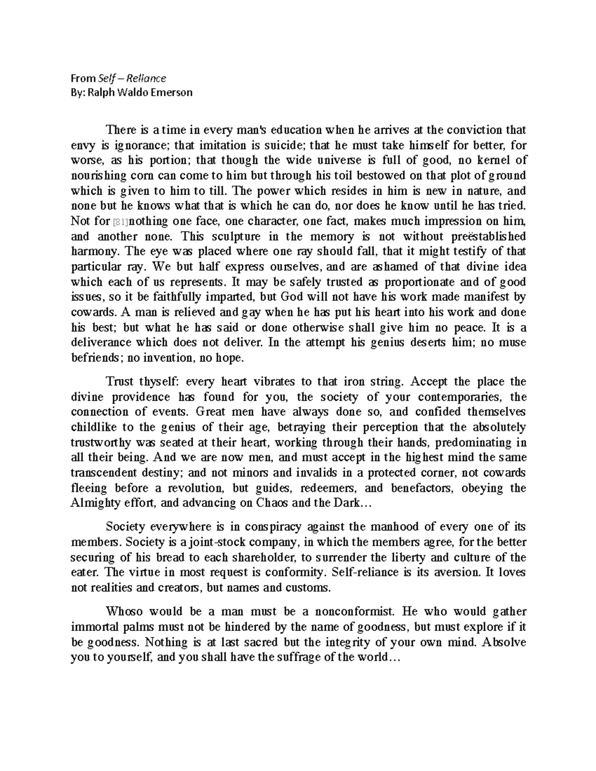 From Self - Reliance - N.a - From Self – Reliance By: Ralph Waldo ...