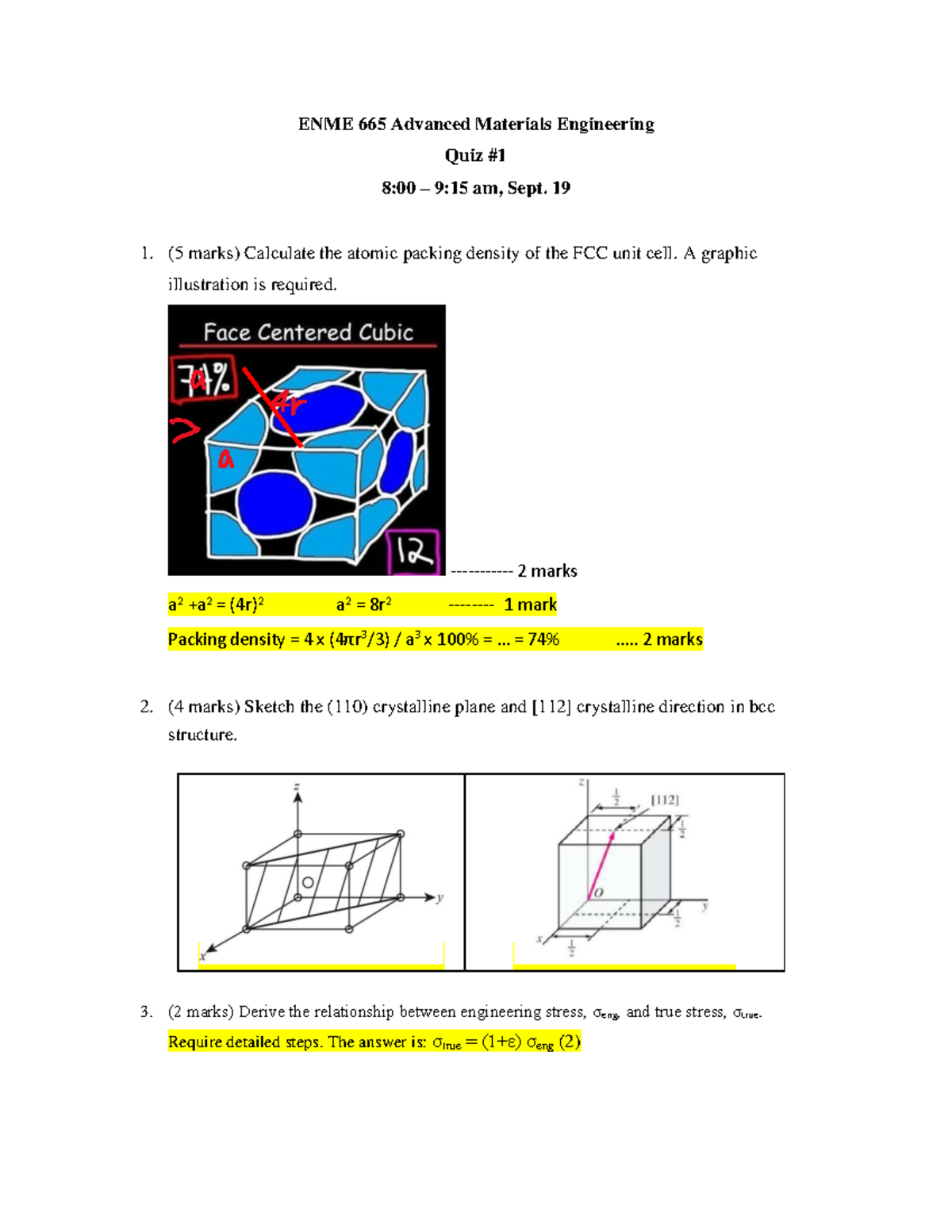 Quiz 1 Solutions - ENME 665 Advanced Materials Engineering Quiz 8:00 ...