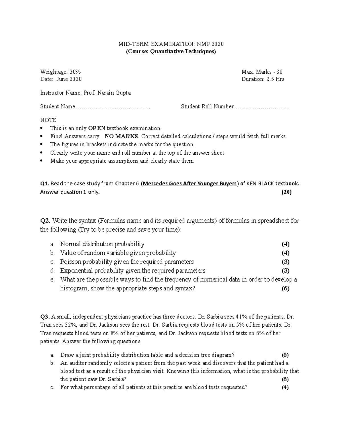 MID Term Exam Paper 22 - Class Notes - MID-TERM EXAMINATION: NMP 2020 ...