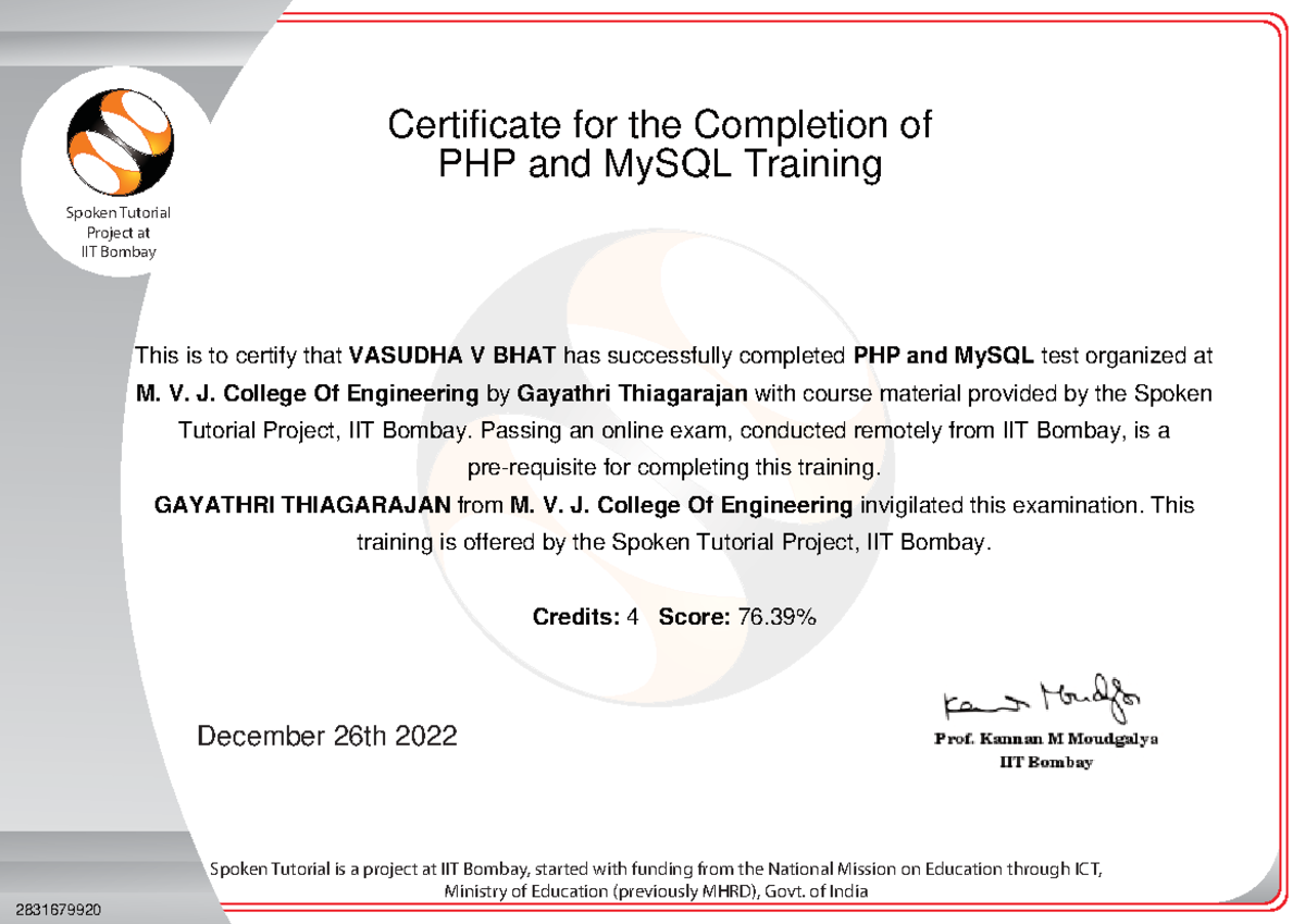 Vasudha V BHAT Participant Certificate - _ _ Spoken Tutorial is a project at IIT Bombay, started ...