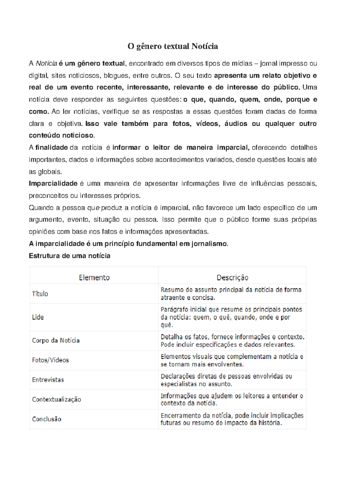 Plano de aula O gênero textual Notícia - Resumo - O gênero textual ...