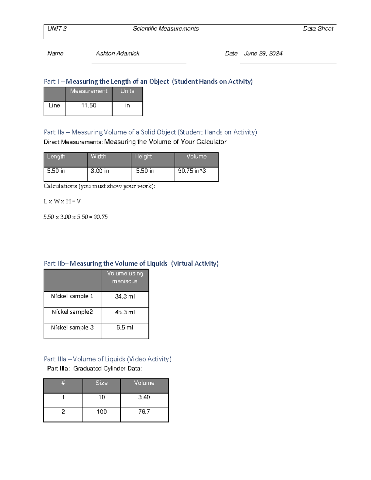 Unit Two scientific measurements data sheet - UNIT 2 Scientific ...