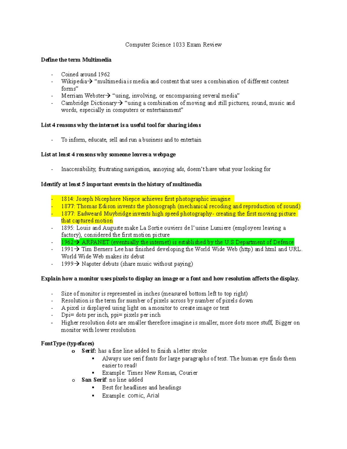 Computer Science 1033 Exam Review - Computer Science 1033 Exam Review Define the term Multimedia ...