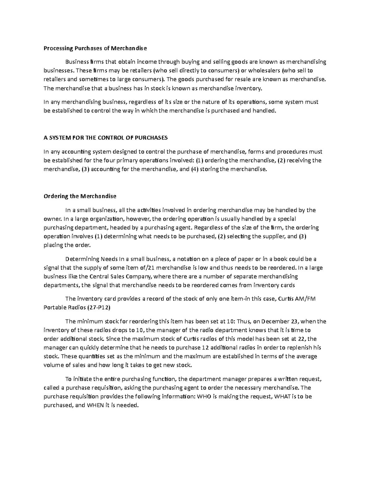 Processing Purchases of Merchandise - Processing Purchases of ...