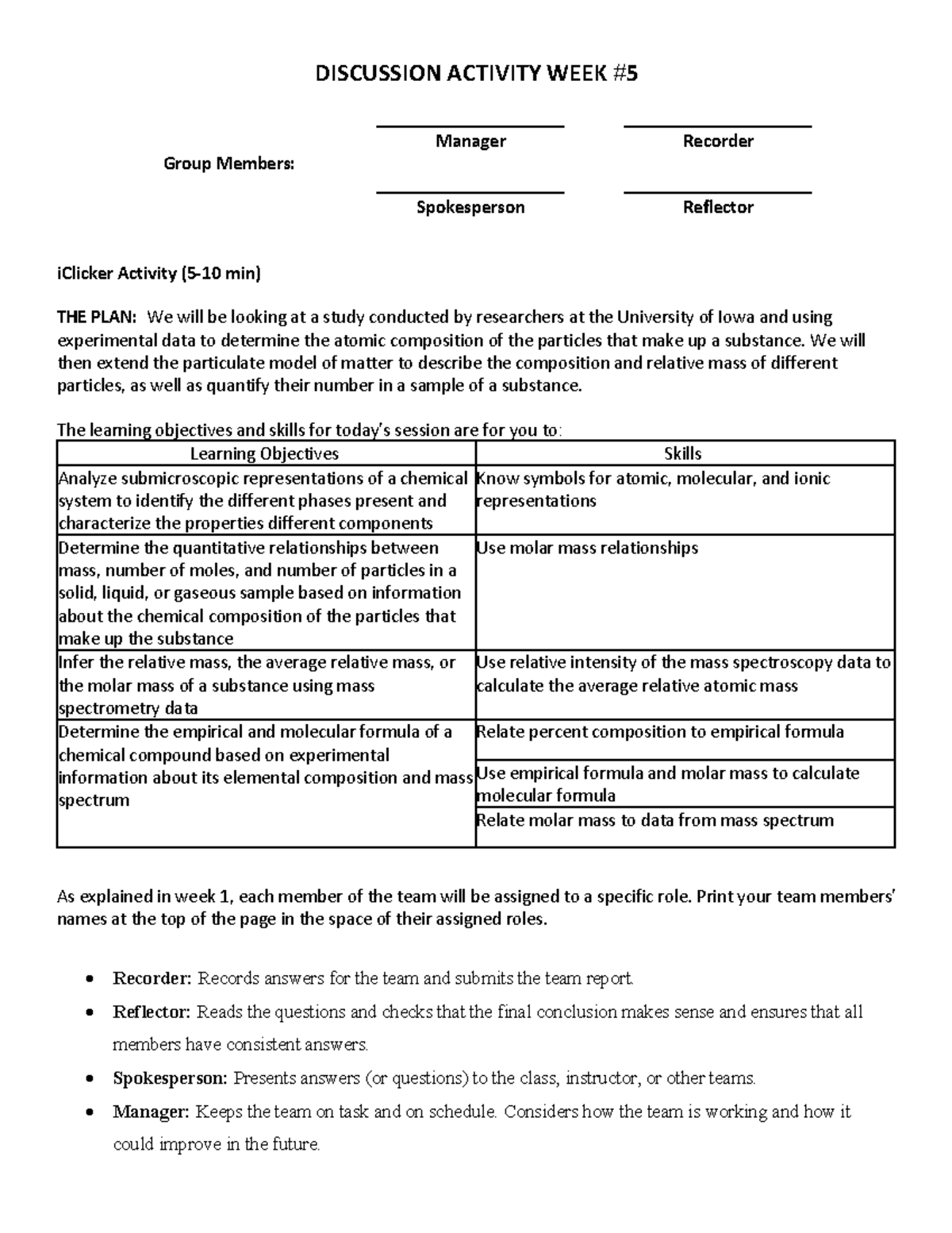Discussion Worksheet Week 5 - DISCUSSION ACTIVITY WEEK # 5 Group ...