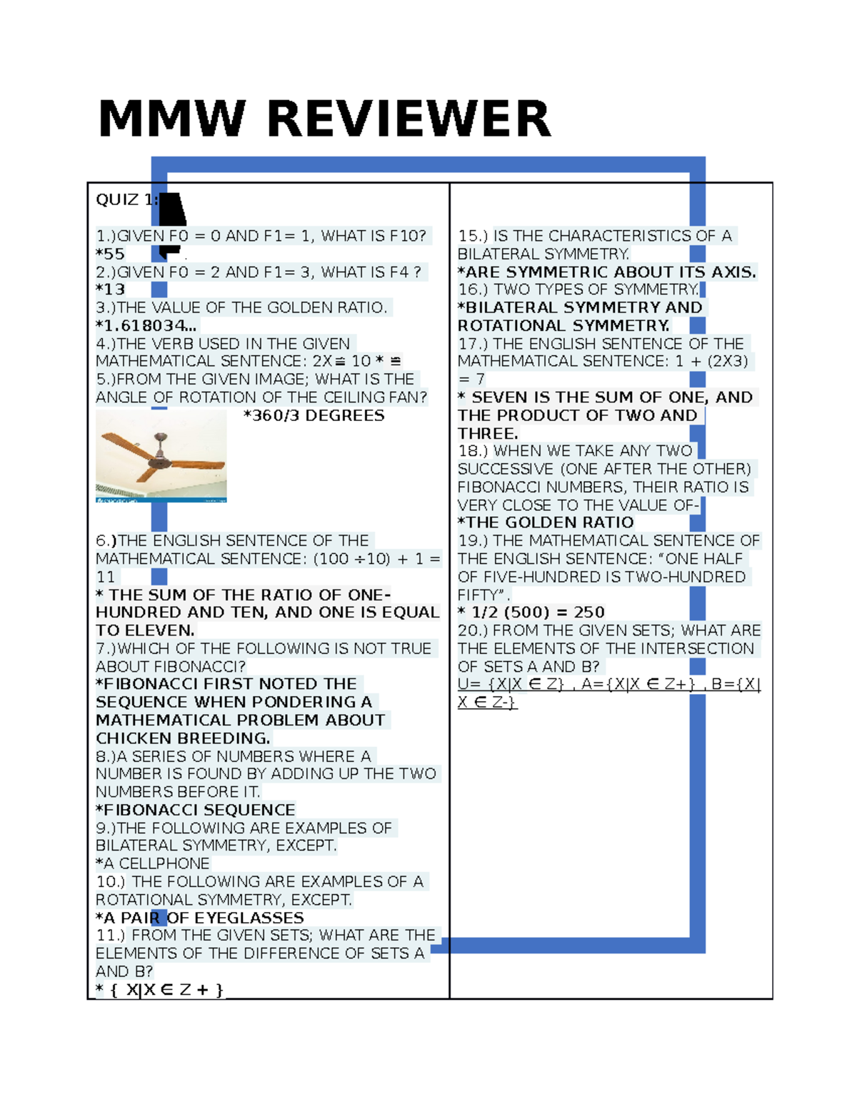 Mathematics in the modern world REVIEWER EXAM - MMW REVIEWER QUIZ 1: 1 ...