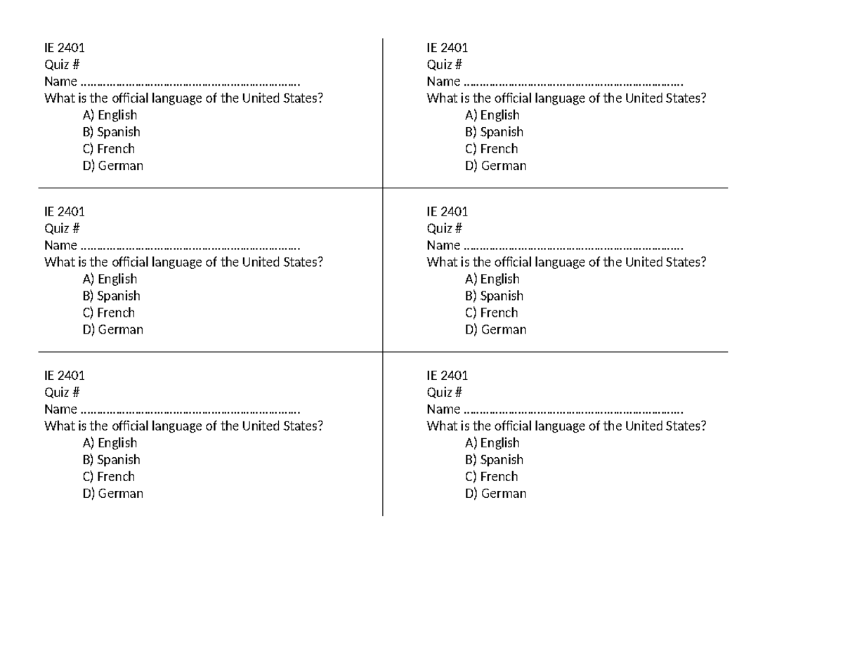 Popup Quiz - IE 2401 Quiz # Name - Studocu