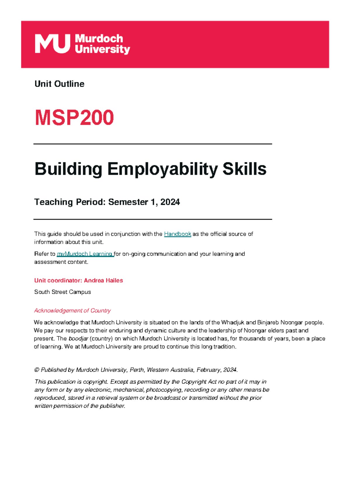 Unit guide - Unit Outline MSP Building Employability Skills Teaching ...