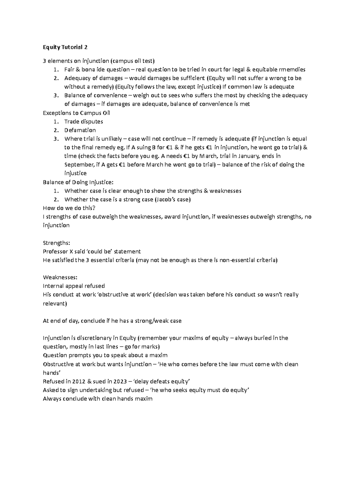 Tutorial 2 Answer - Equity Tutorial 2 3 elements on injunction (campus ...
