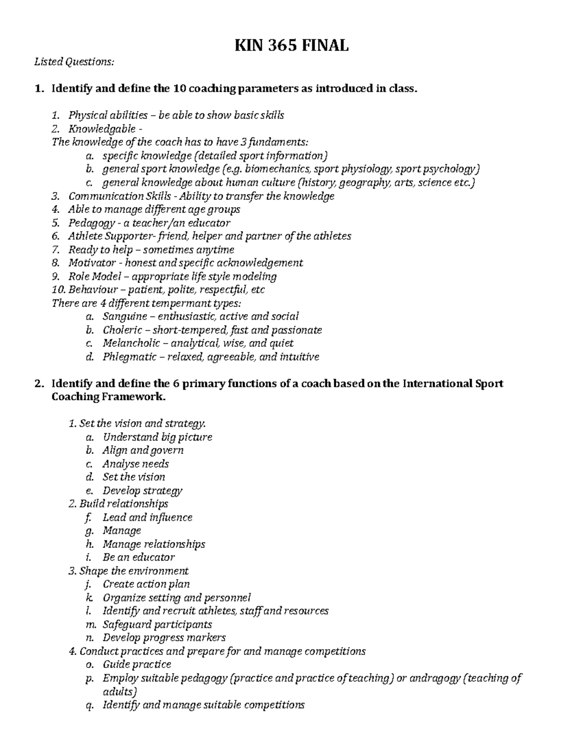 KIN365 Final Exam Study Guide - KIN 365 FINAL Listed Questions: 1 ...