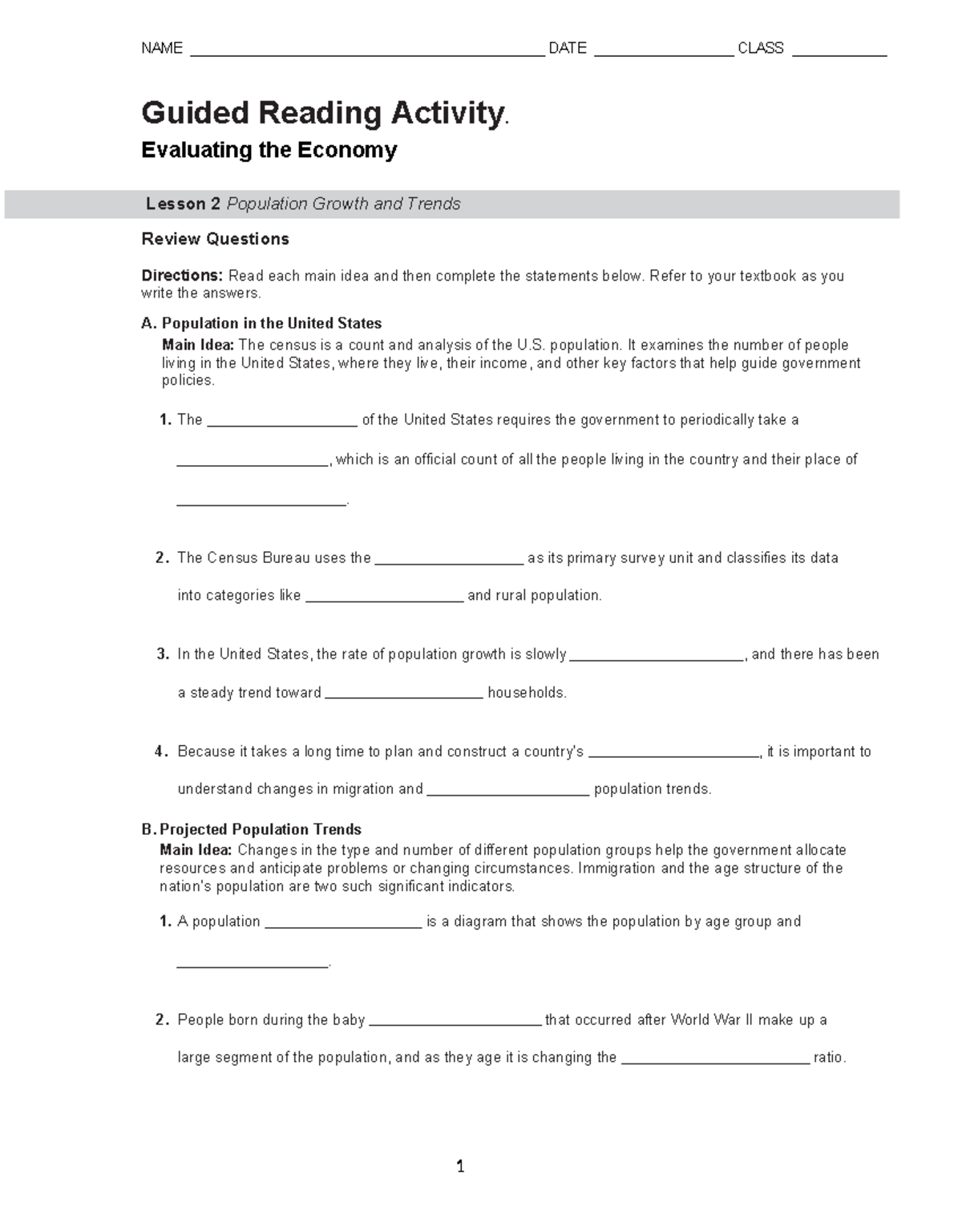 Chapter 12.2 GRA - NAME DATE CLASS Guided Reading Activity. Evaluating the Economy Review ...