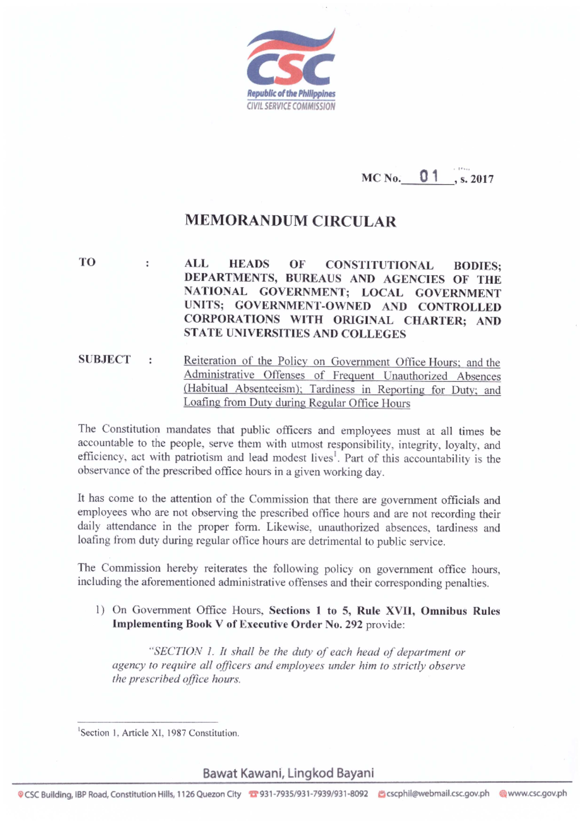 Memo circular no. 01 s. 2017 working hours - Juris Doctor - Studocu
