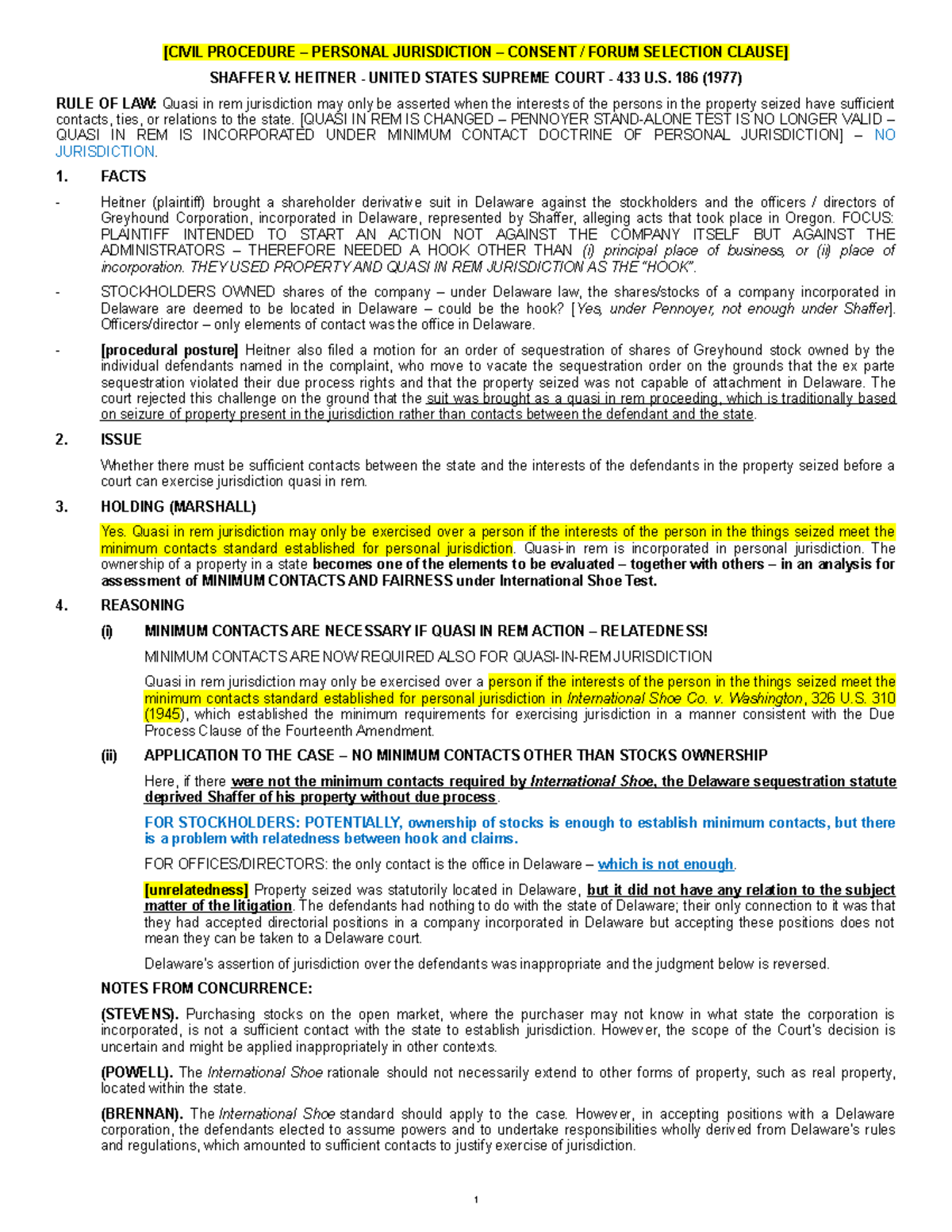 CIV PRO - LANDMARK CASE - Shaffer v. Heitner (quasi in rem) w CLASS ...