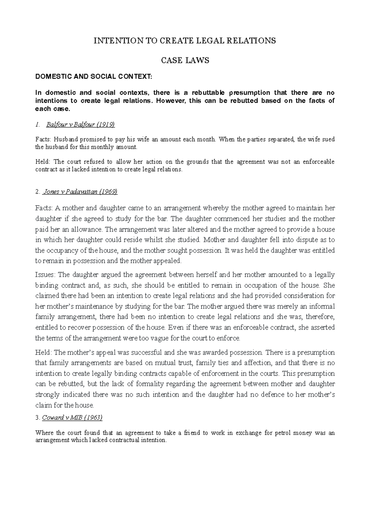 Intention to Create legal relations Notes - INTENTION TO CREATE LEGAL ...
