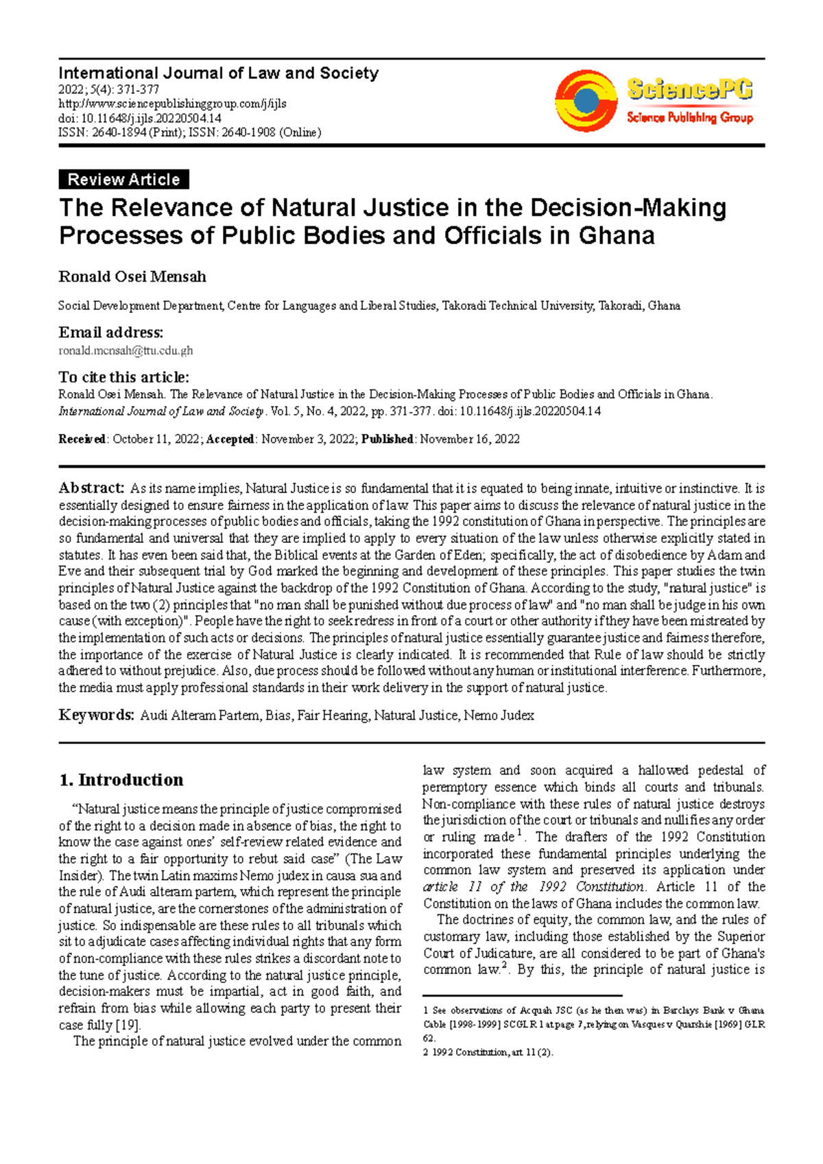 Natural Justice - International Journal of Law and Society 2022; 5(4 ...