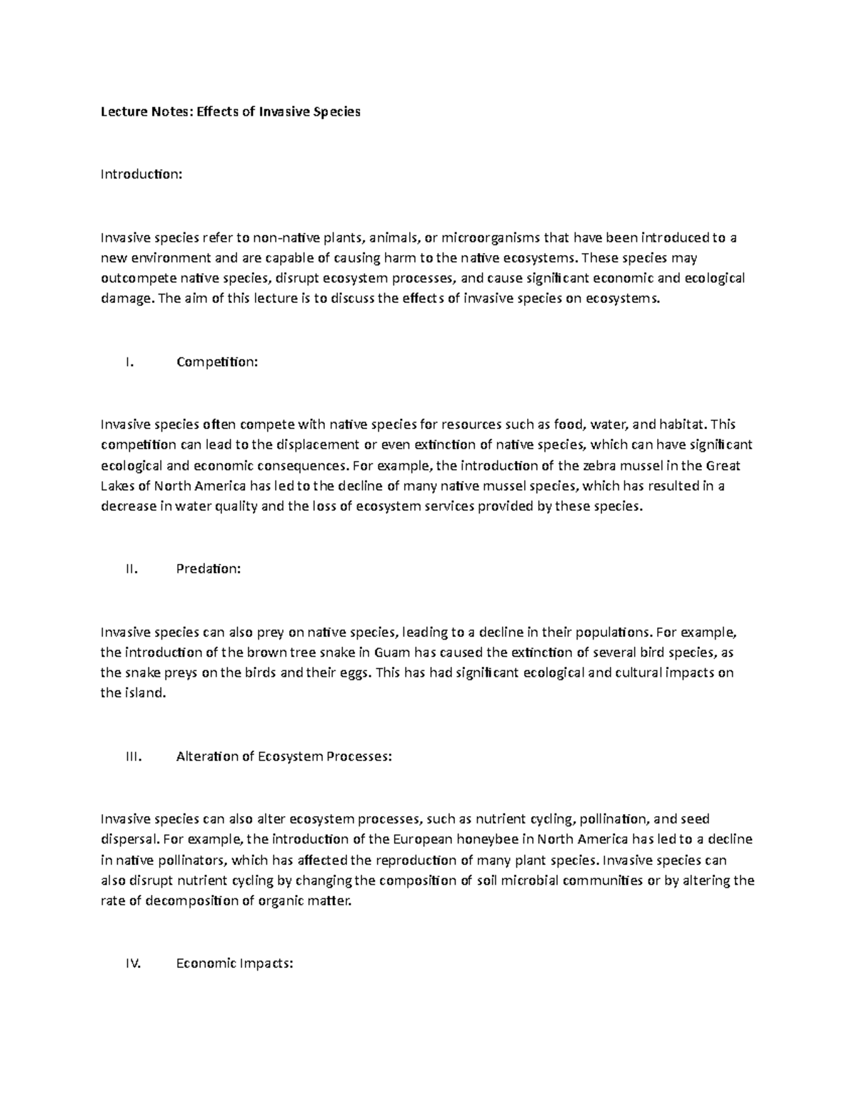Lecture Notes: Effects of Invasive Species - Lecture Notes: Effects of ...