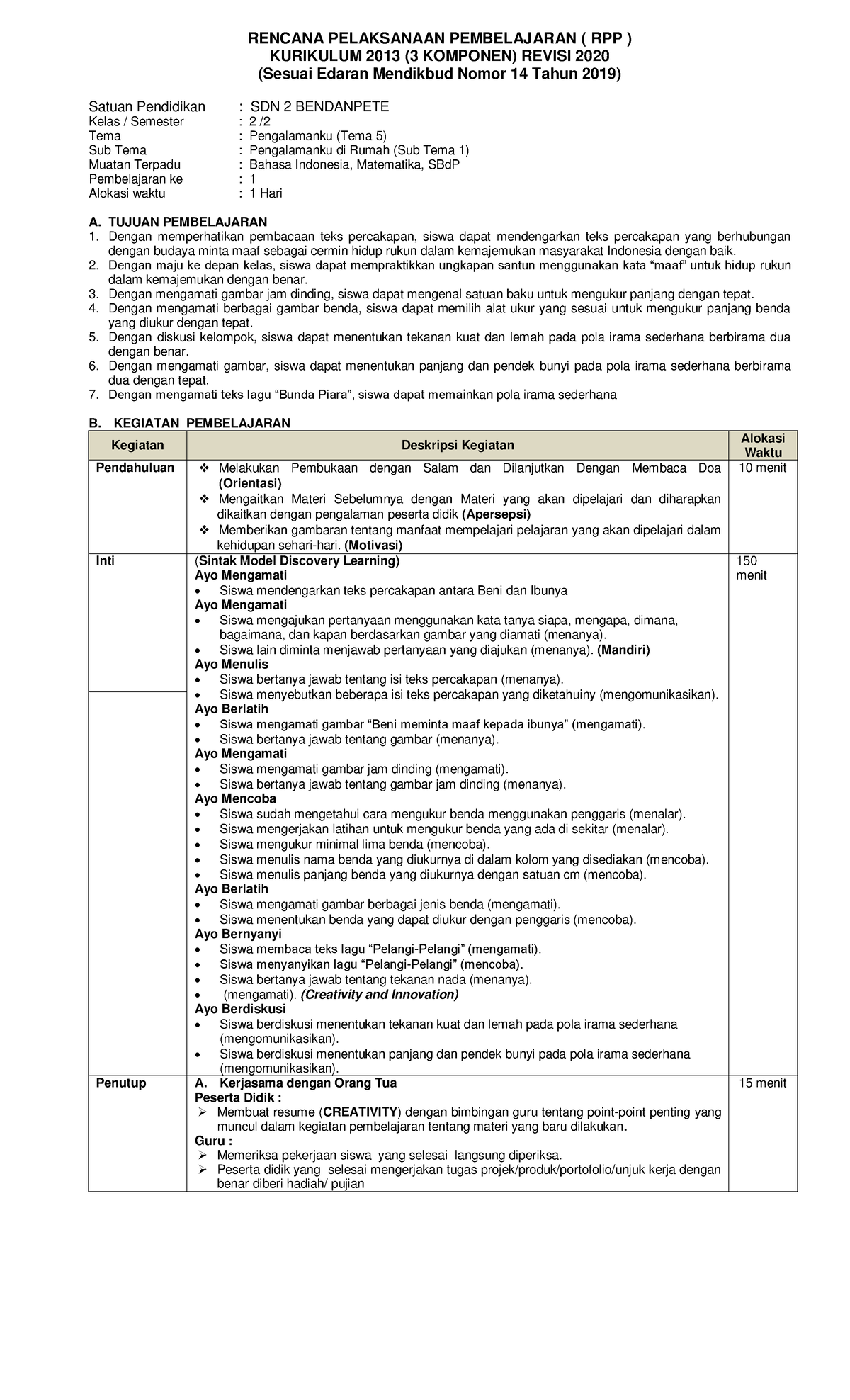 TEMA 5 - RPP KELAS RENDAH SEKOLAH DASAR - RENCANA PELAKSANAAN ...