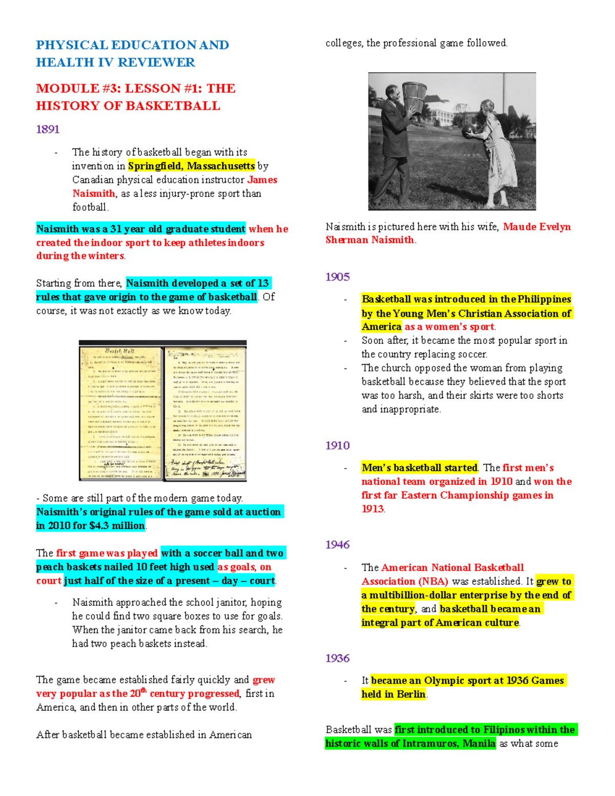 History of Basketball - PEH Reviewer - PHYSICAL EDUCATION AND HEALTH IV ...