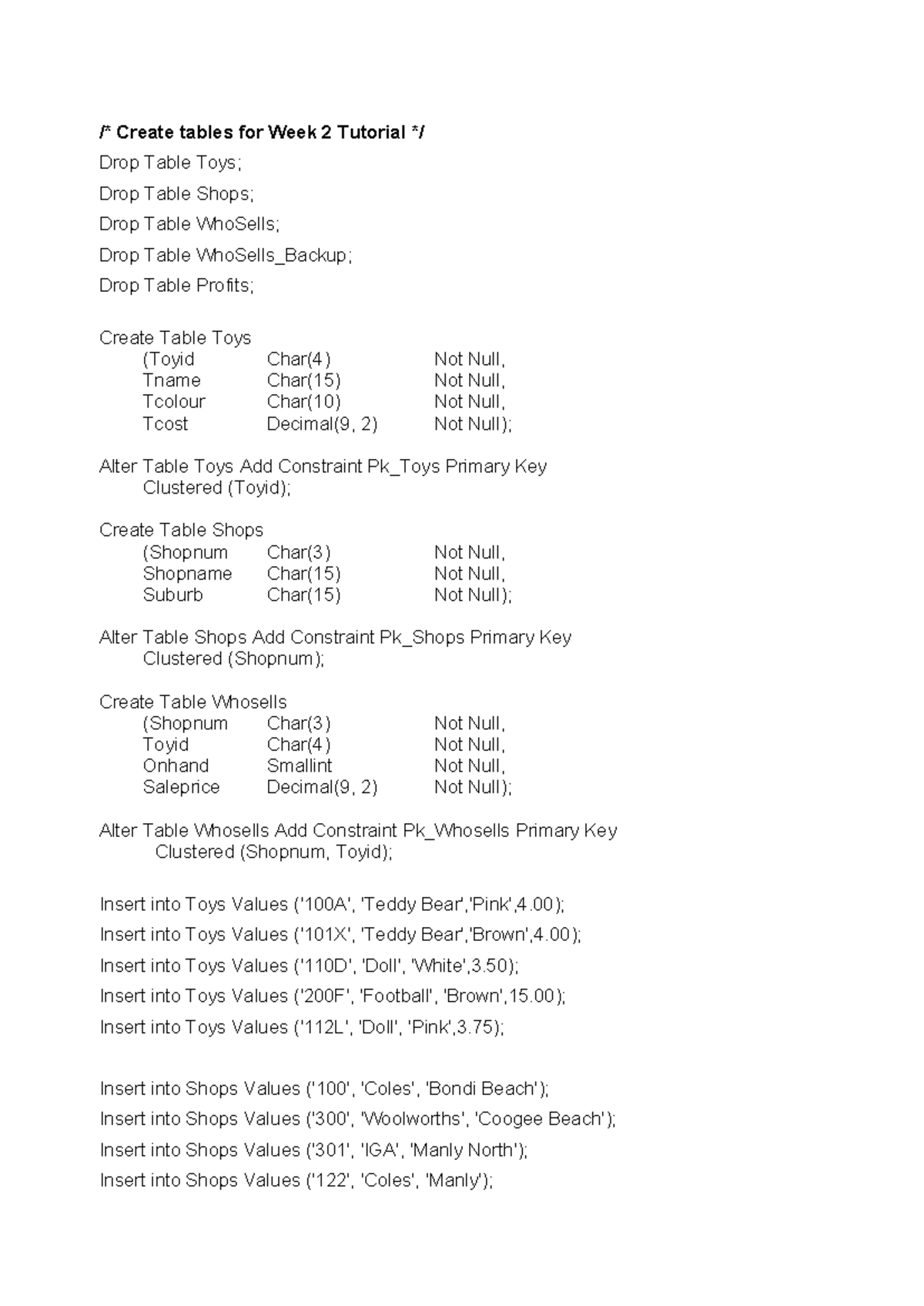 Week 2 Create Table Script Create Tables For Week 2 Tutorial