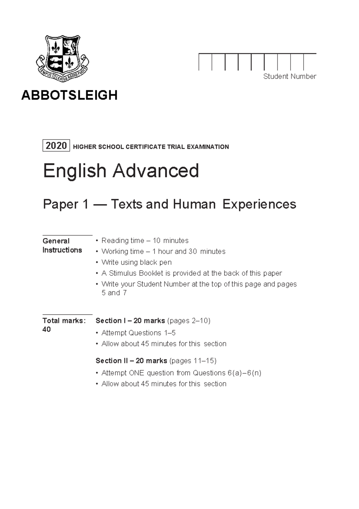 Abbotsleigh 2020 English Trial Paper 1 - Student Number ABBOTSLEIGH ...