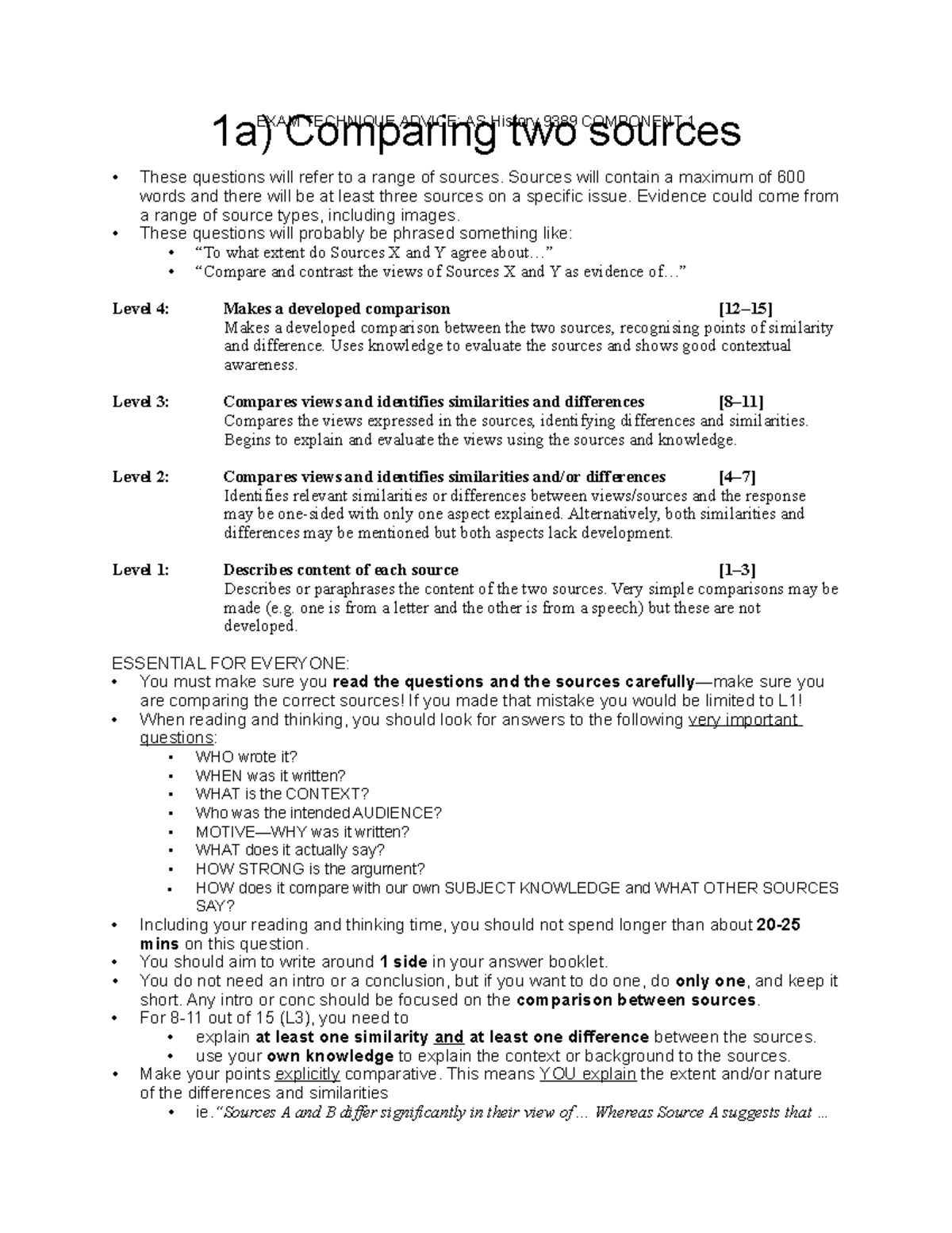 1a Comparing two sources - EXAM TECHNIQUE ADVICE: AS History 9389 ...