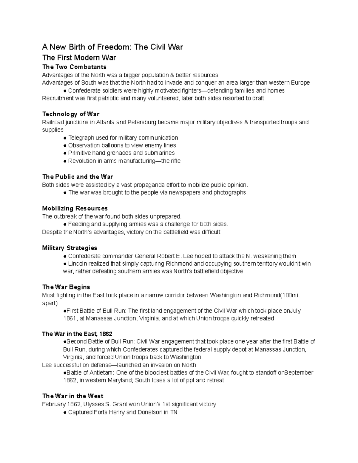 Chapter 14 Notes - A New Birth of Freedom: The Civil War The First ...