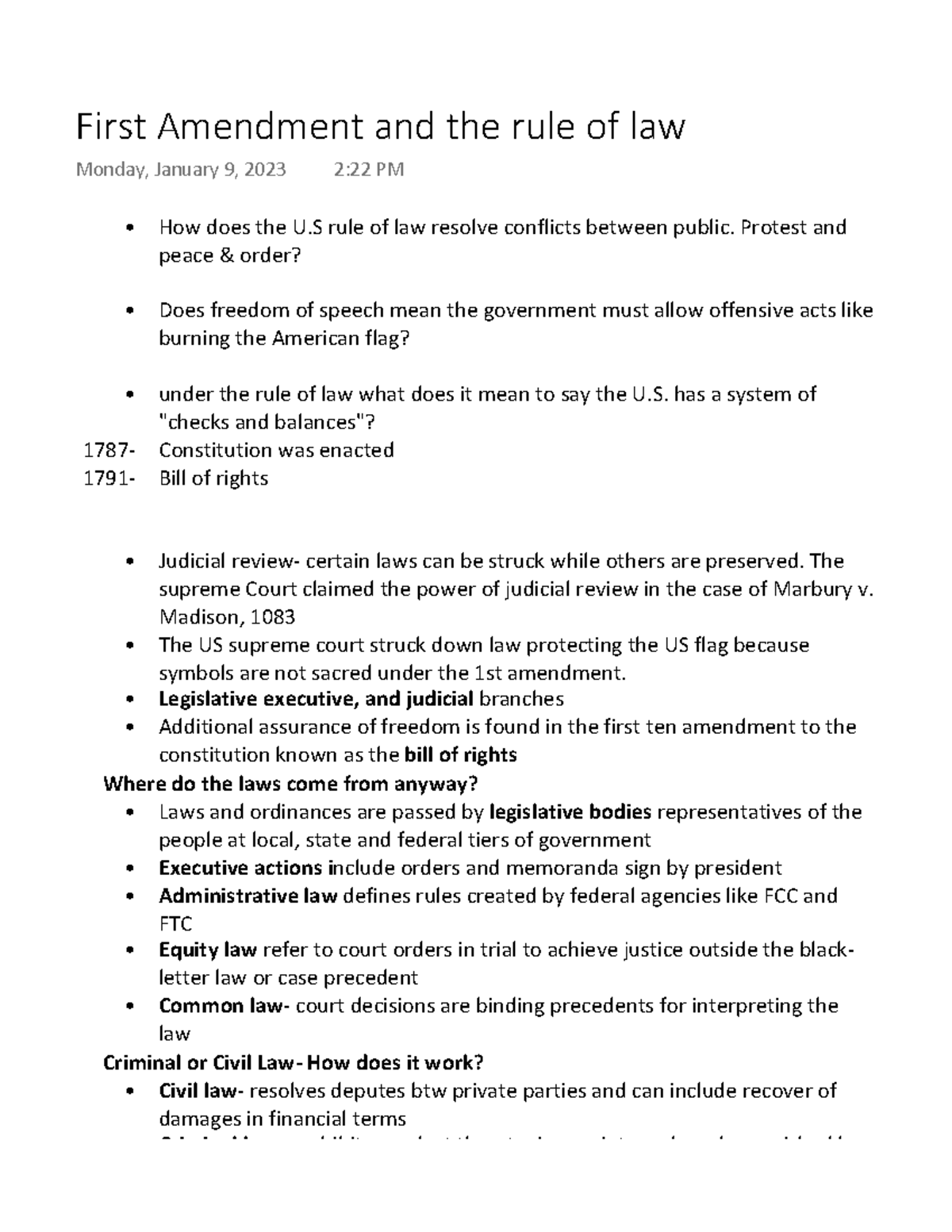 Chapter one notes - First Amendment and the rule of law - How does the ...