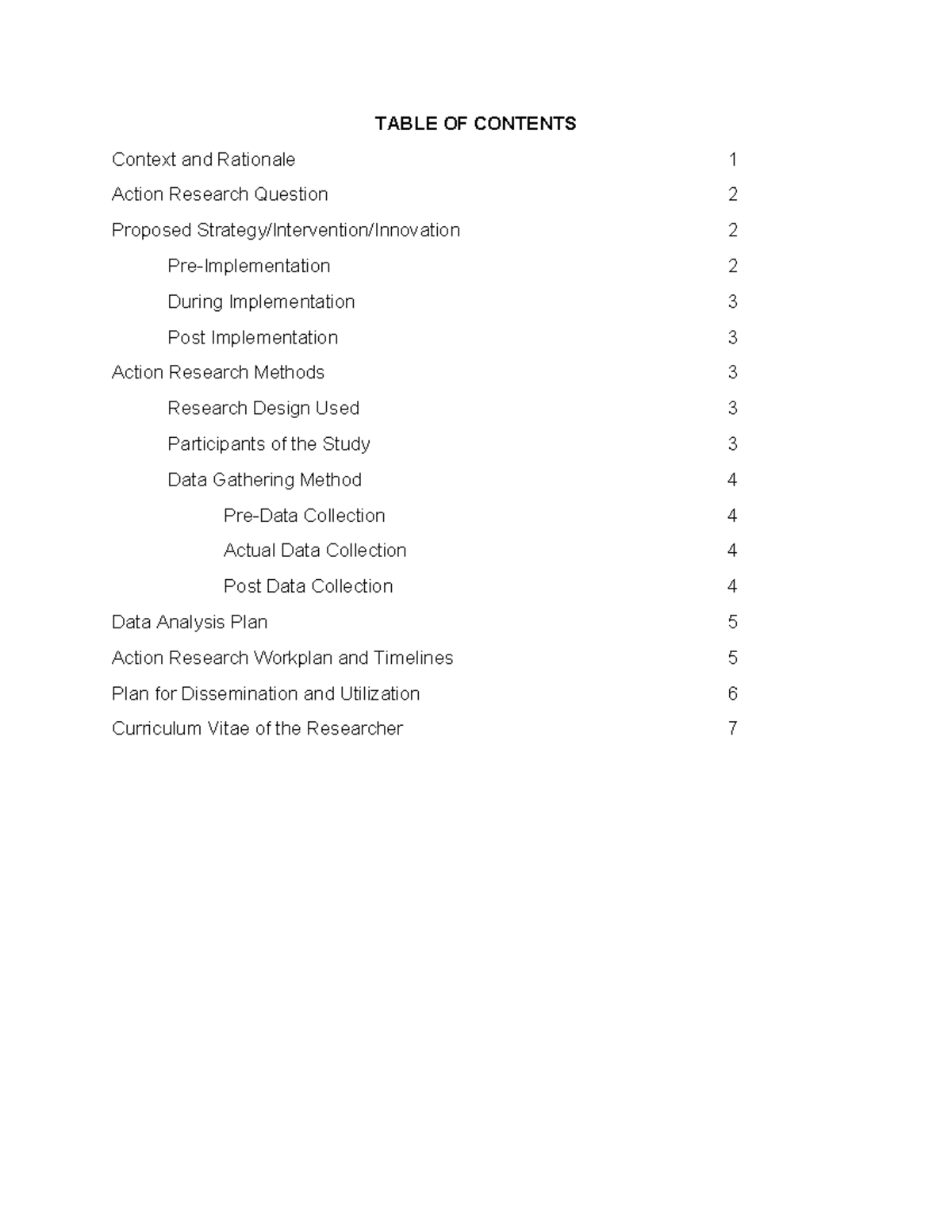 ACTion Research Format - TABLE OF CONTENTS Context and Rationale Action ...