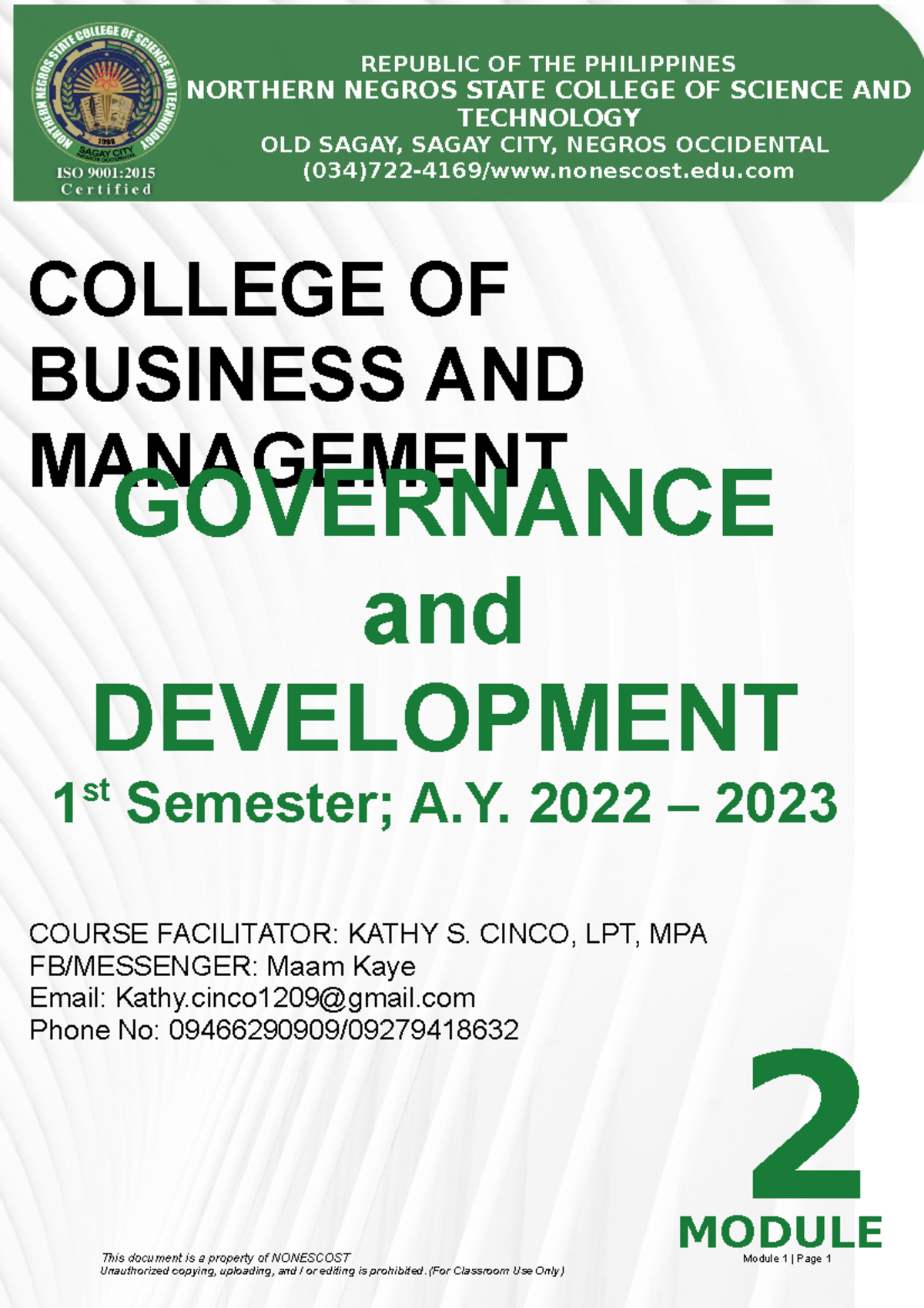 Governance AND Development Module 2 - This document is a property of ...