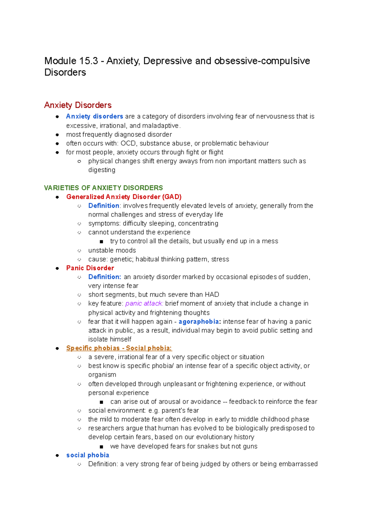 PSY100H1 UTSG Reading Notes Module 15.3 - Anxiety, Depressive and ...