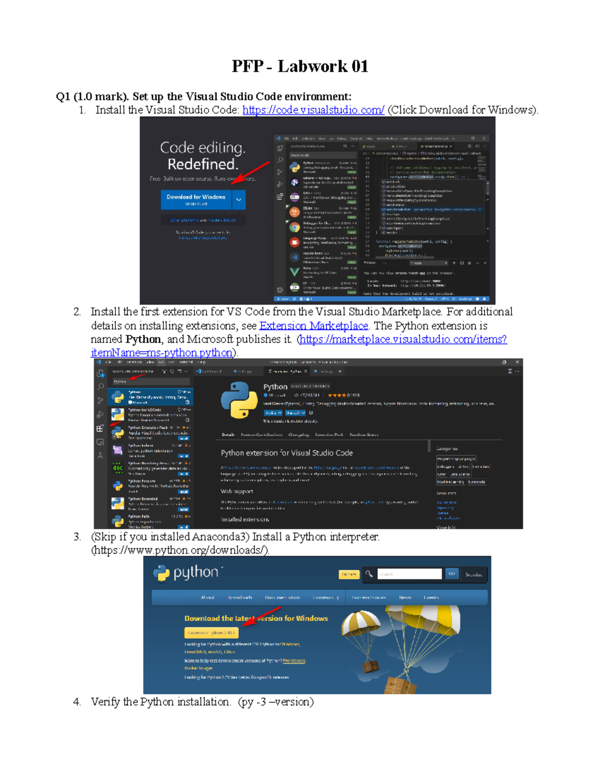 7NI05PS7 - dczdzxc - PFP - Labwork 01 Q1 (1 mark). Set up the Visual ...