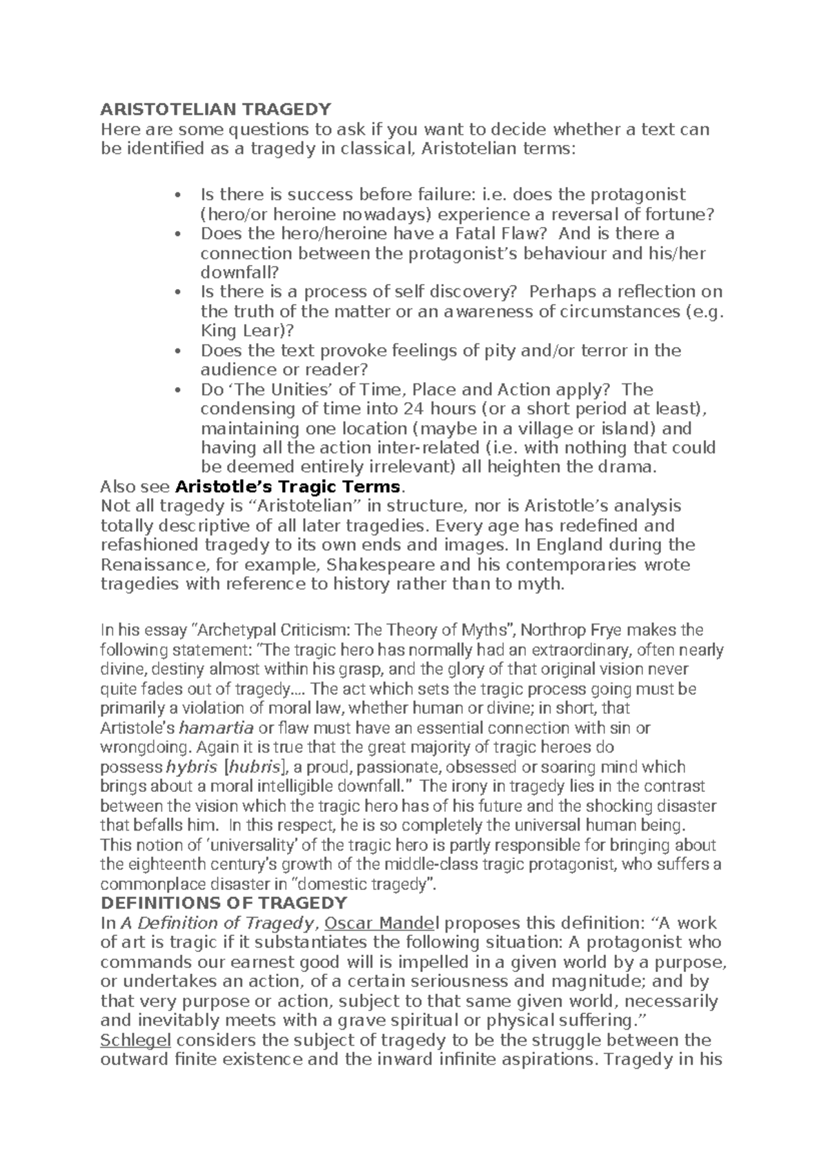 Aristotelian Tragedy - ARISTOTELIAN TRAGEDY Here are some questions to ...