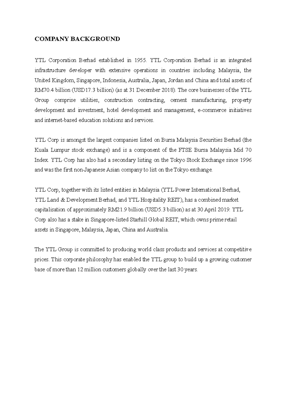 Company Background - COMPANY BACKGROUND YTL Corporation Berhad ...