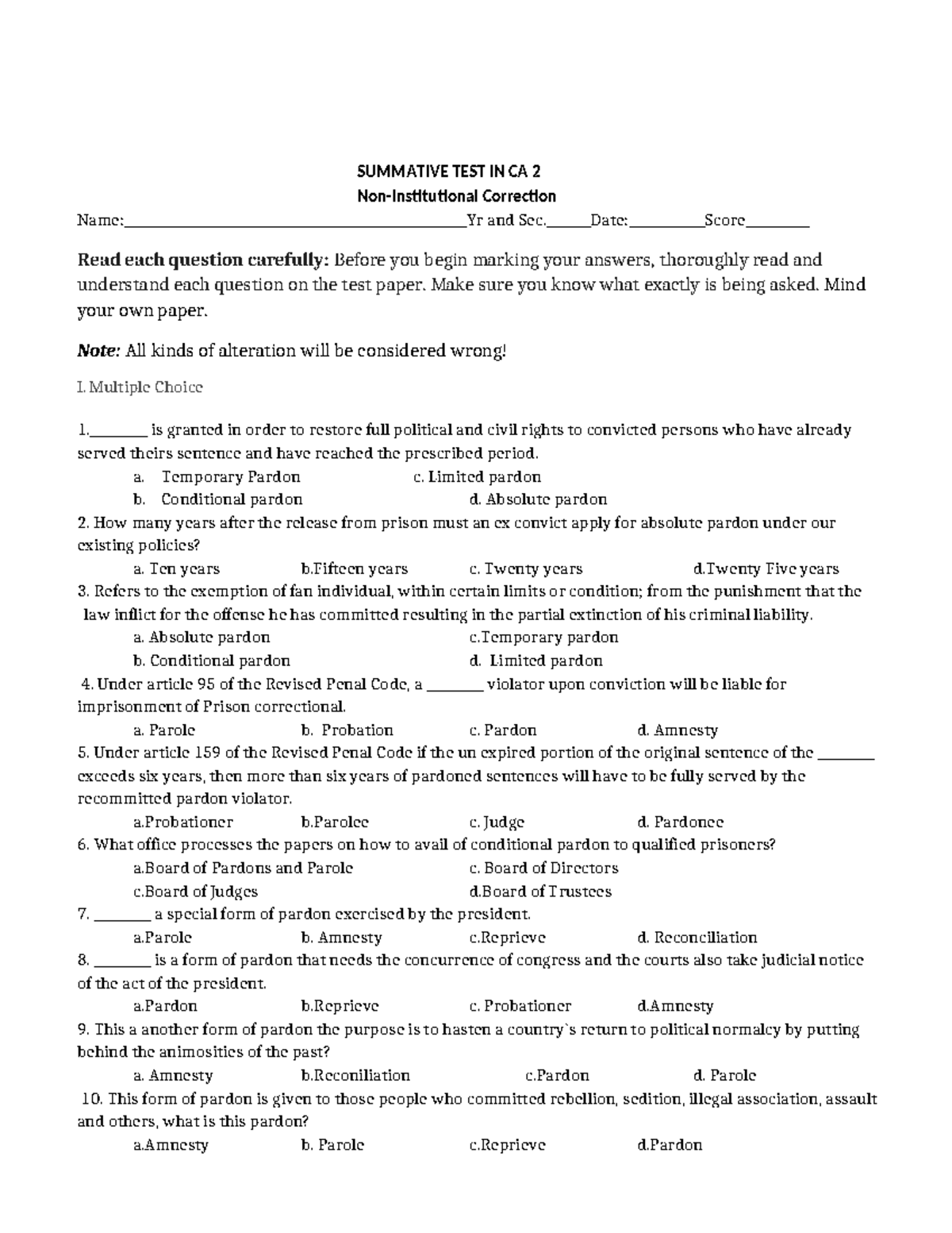 Long quiz-ca 2 - practice notes - SUMMATIVE TEST IN CA 2 Non ...