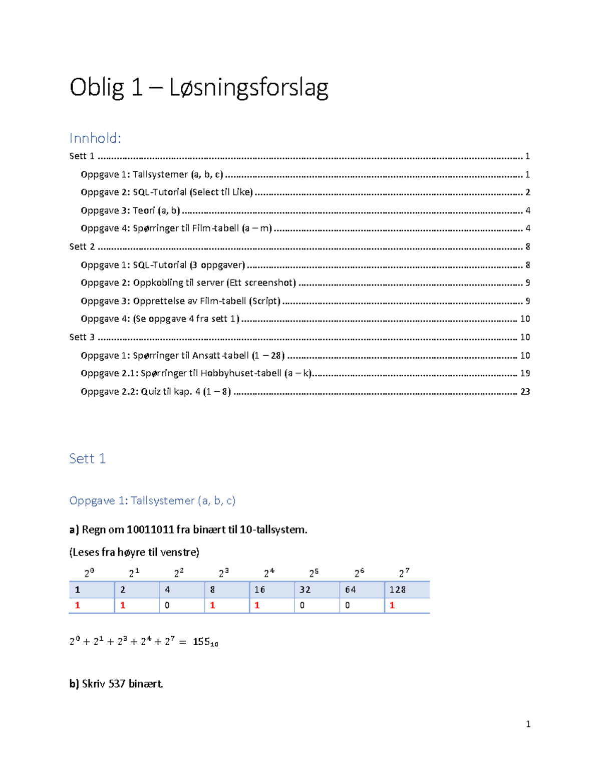 Løsningsforslagv 2Oblig 1 2023 - Oblig 1 – Løsningsforslag Innhold: Sett 1 - Studocu