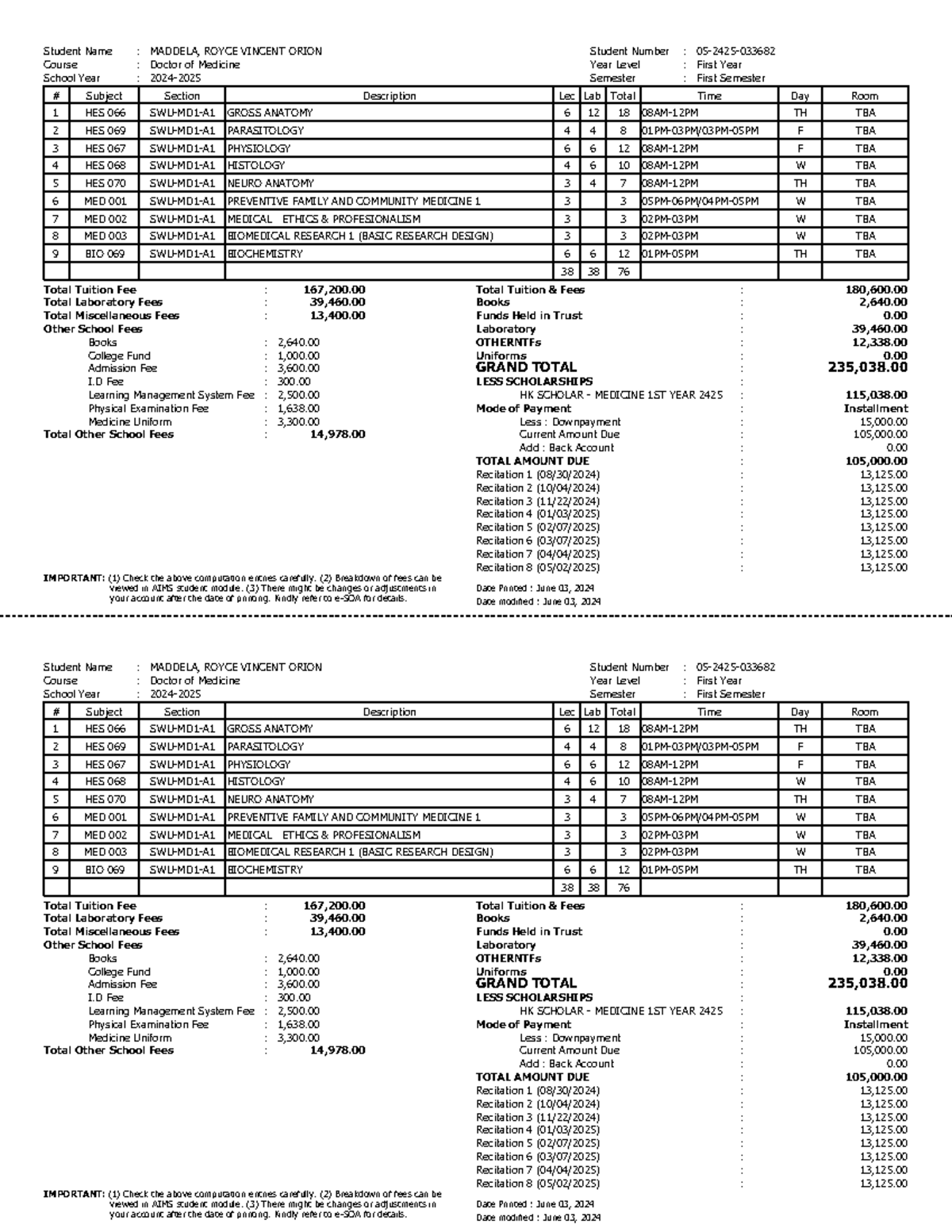 Official Registration Form (ORF) School of Medicine - Student Name ...