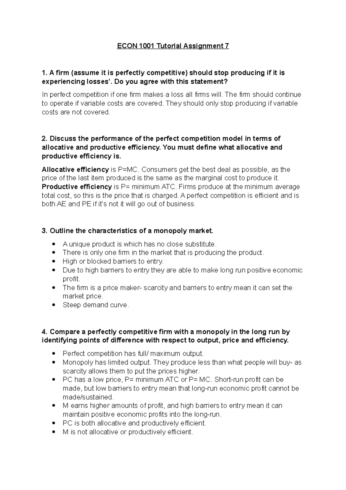 Seminar Assignments Tutorial Assignment 7 Econ 1001 Tutorial Assignment 7 A Firm Assume It