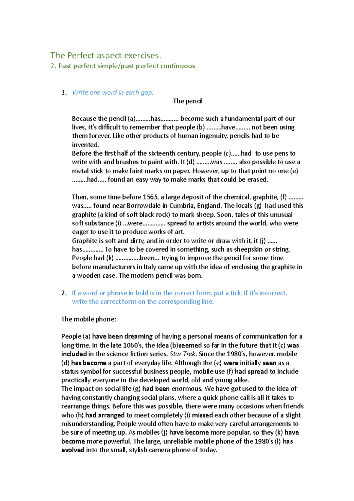 2. The perfect aspect exercises. Past P.S.P.P.Cont - The Perfect aspect ...