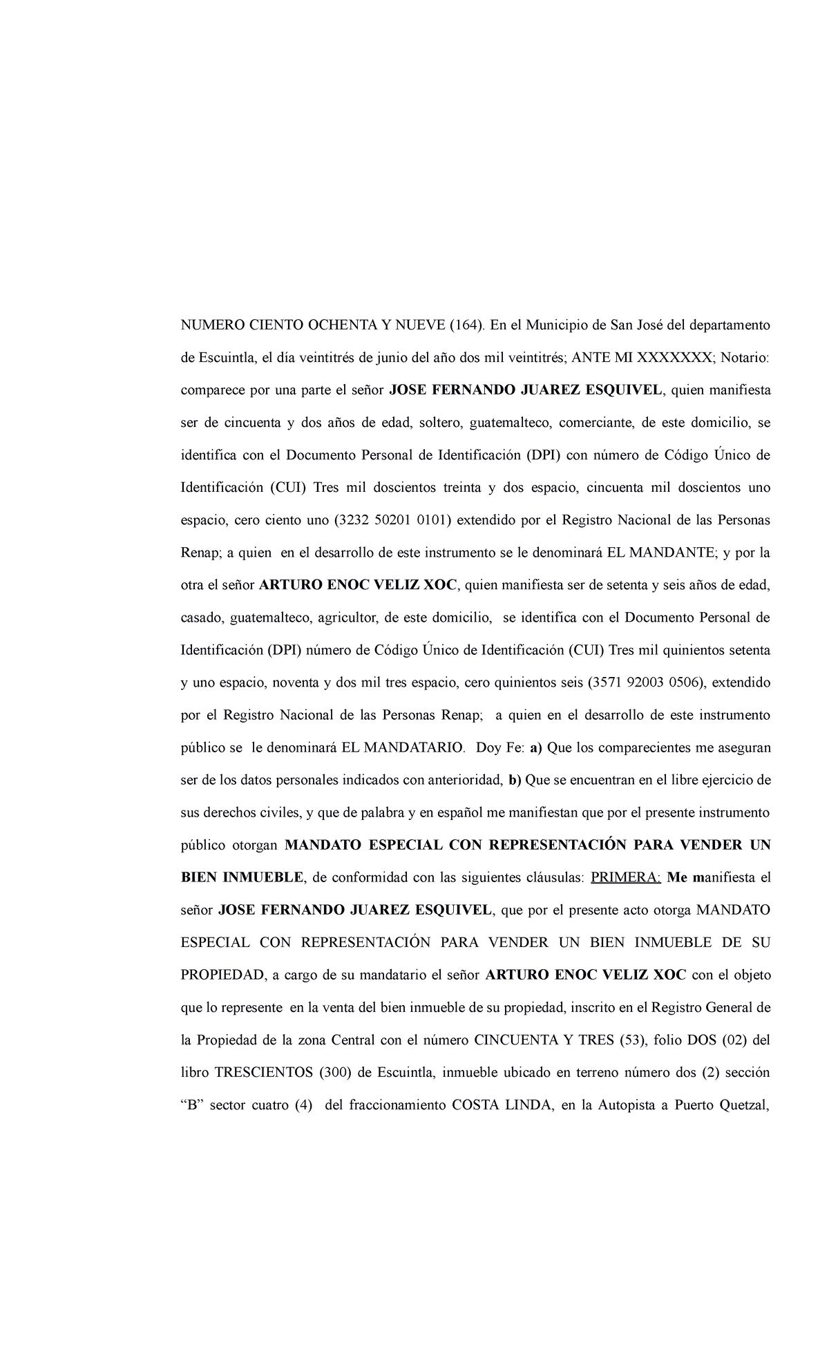 Poder Registrado Mandato Especial CON Representacion DE xxxxxx - NUMERO CIENTO OCHENTA Y NUEVE ...