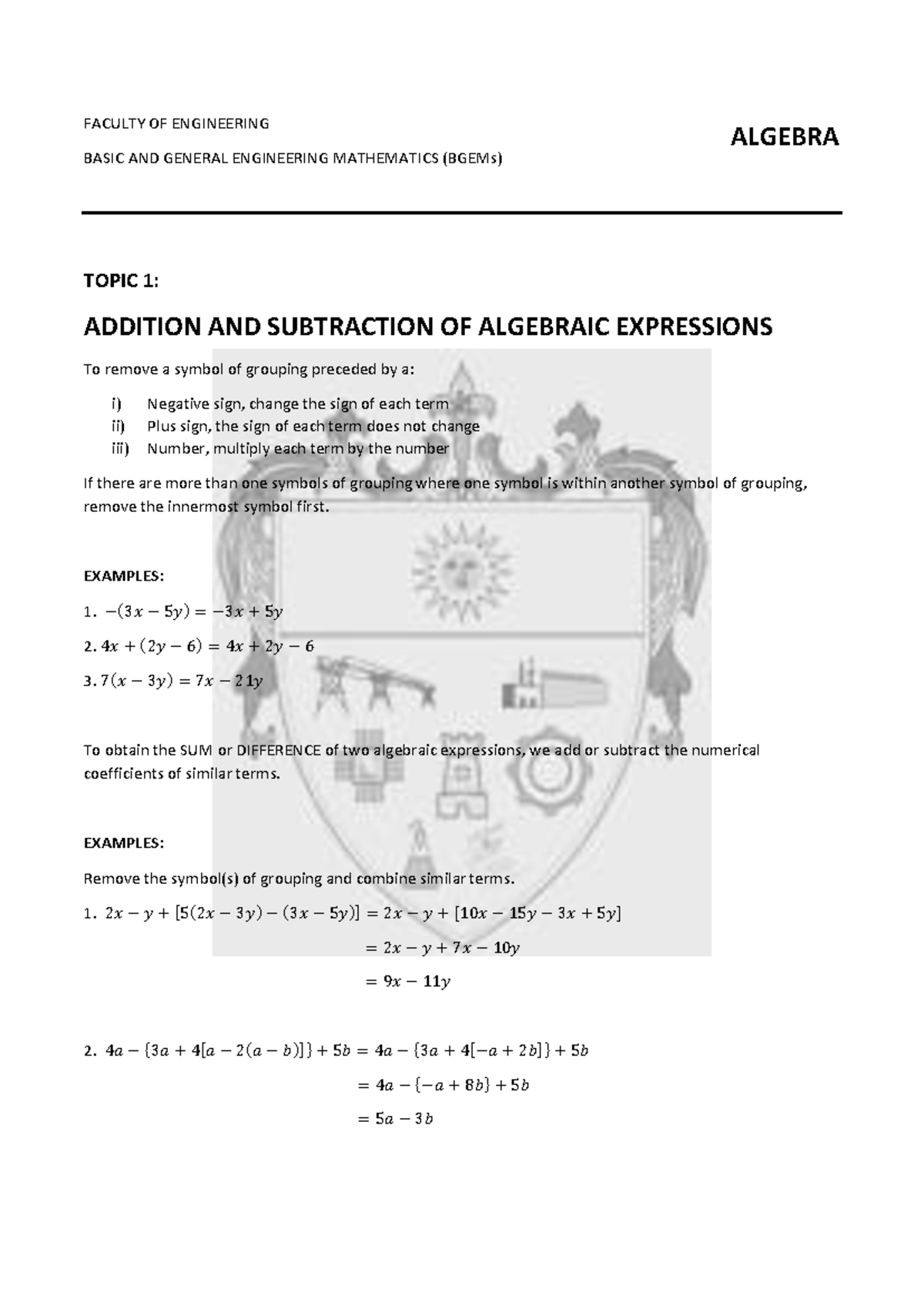 Algebra 1 Addition and Subtraction of Algebraic Expressions - FACULTY ...